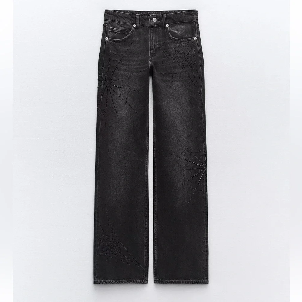 Zara | Jeans | Zara Rhinestone Spider Web Mid Waist Wide Leg Jeans ...